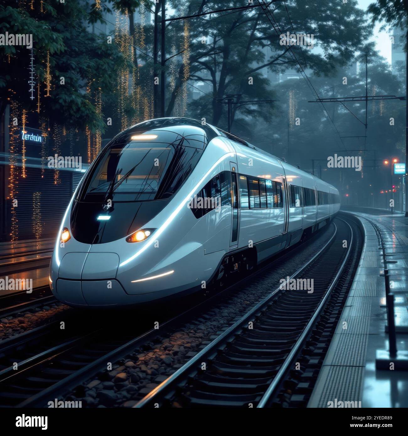 High speed train in motion on the railway station at sunset. Blue ...