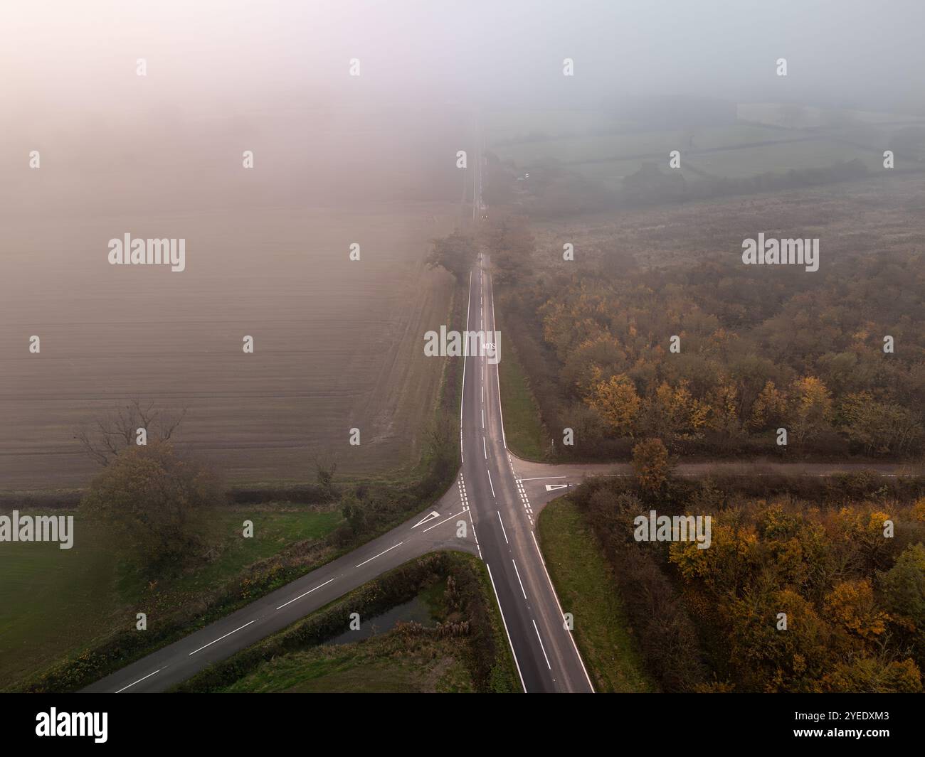 Aerial view of a misty landscape with plowed field, forest and ...