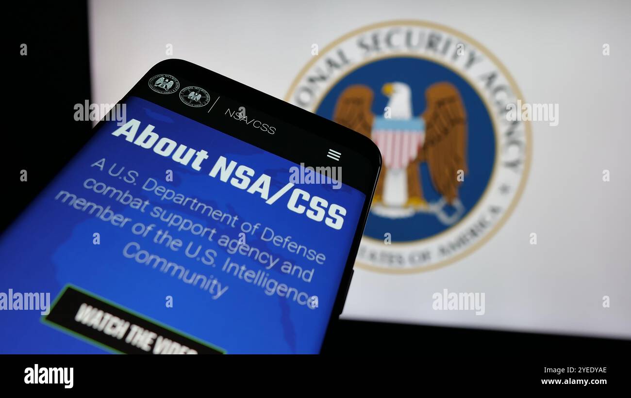 Mobile phone with website of National Security Agency (NSA) on screen ...