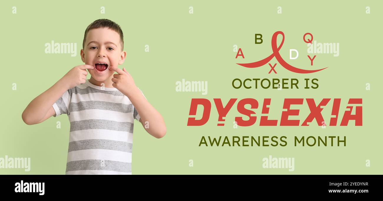 Little boy on green background. Banner for Dyslexia Awareness Month ...