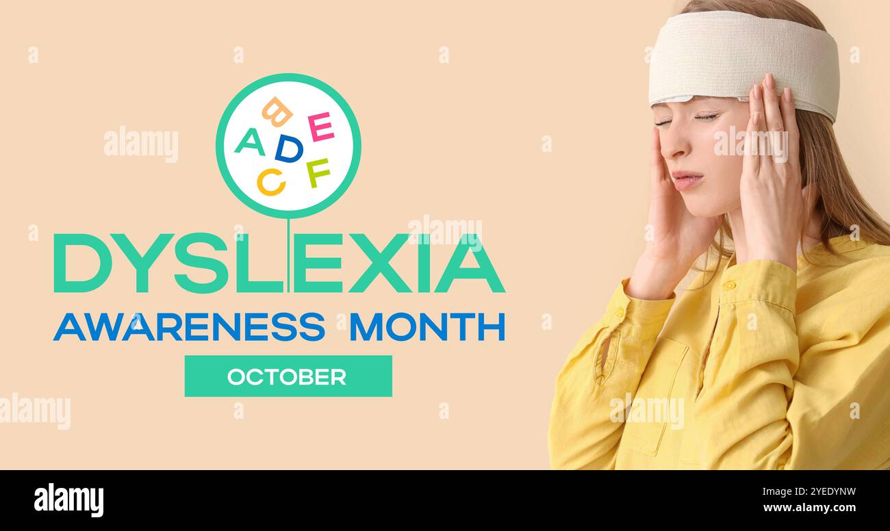 Young woman with bandaged head on beige background. Banner for Dyslexia ...