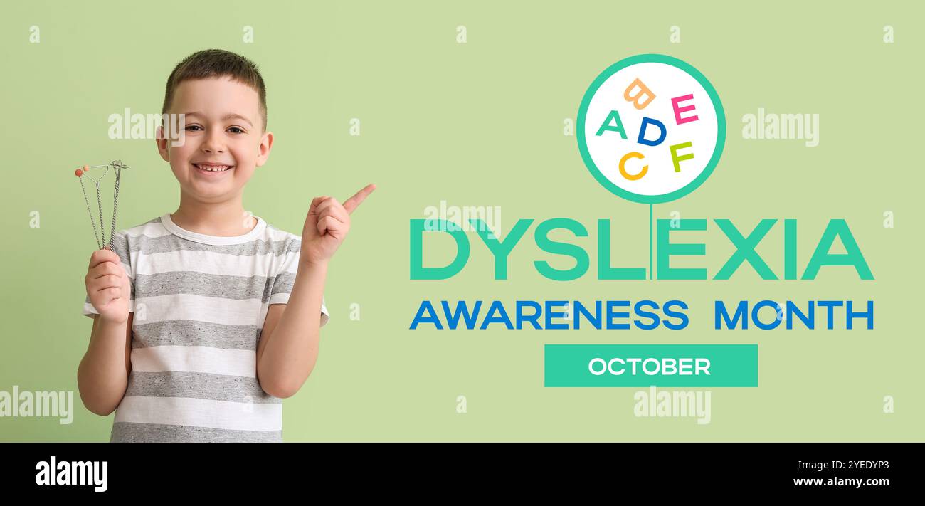 Little boy with logopedics tools on green background. Banner for ...