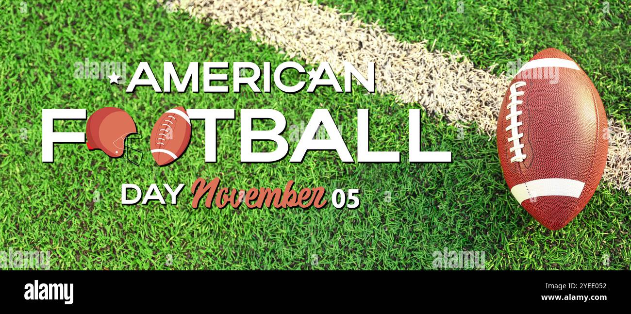 Banner for American Football Day with ball on field Stock Photo - Alamy