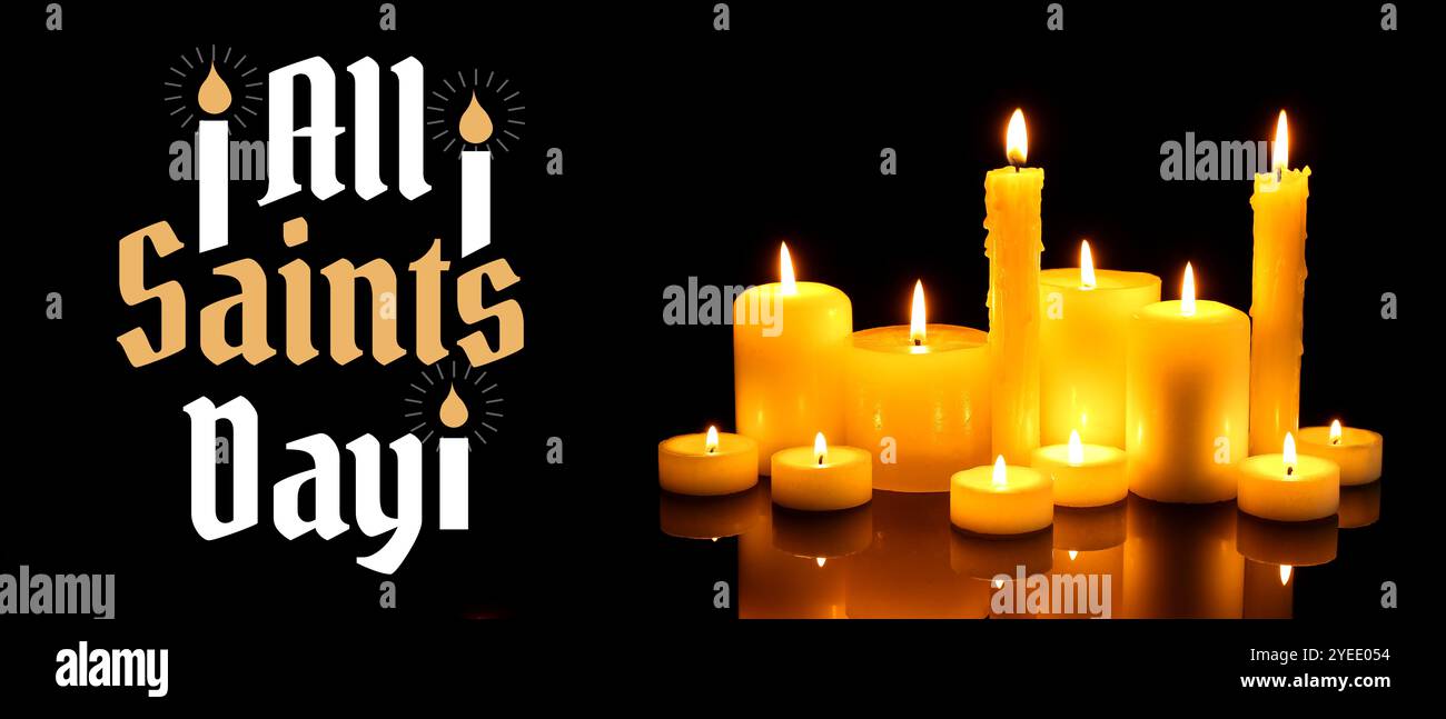 Banner for All Saints Day with many burning candles Stock Photo - Alamy