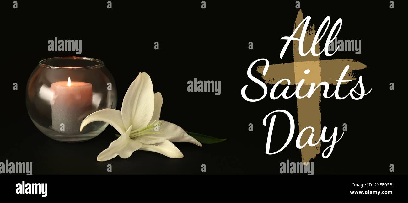 Banner for All Saints Day with burning candle and flower Stock Photo ...