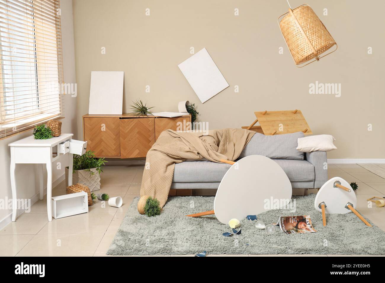 Interior of messy living room with sofa, tables and plants Stock Photo ...