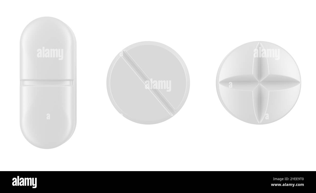 White pills, different types of tablets. 3D rendering isolated on white ...