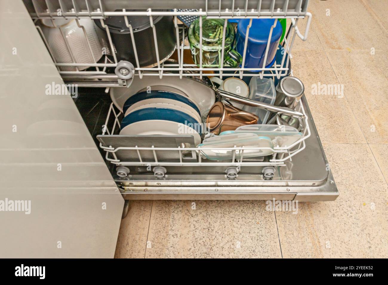 Rotating arms distribute the hot water and detergent throughout the ...