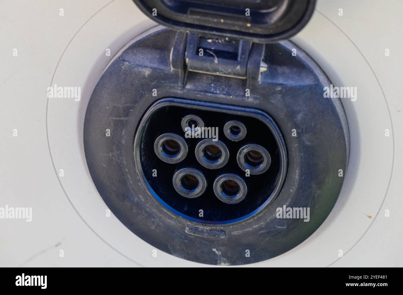 A close-up view showcases the unique structure of an electric vehicle ...