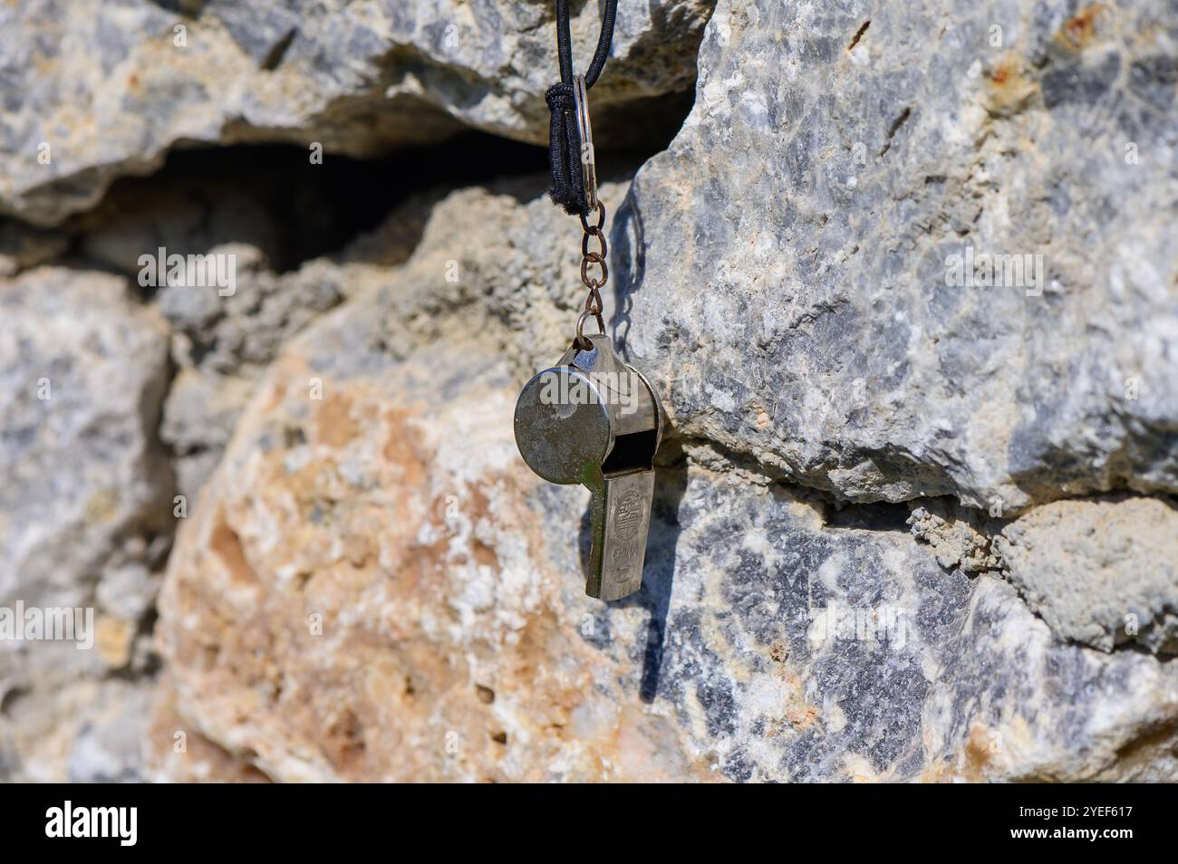 A shiny metal whistle hangs from rocks, glinting in the afternoon light ...
