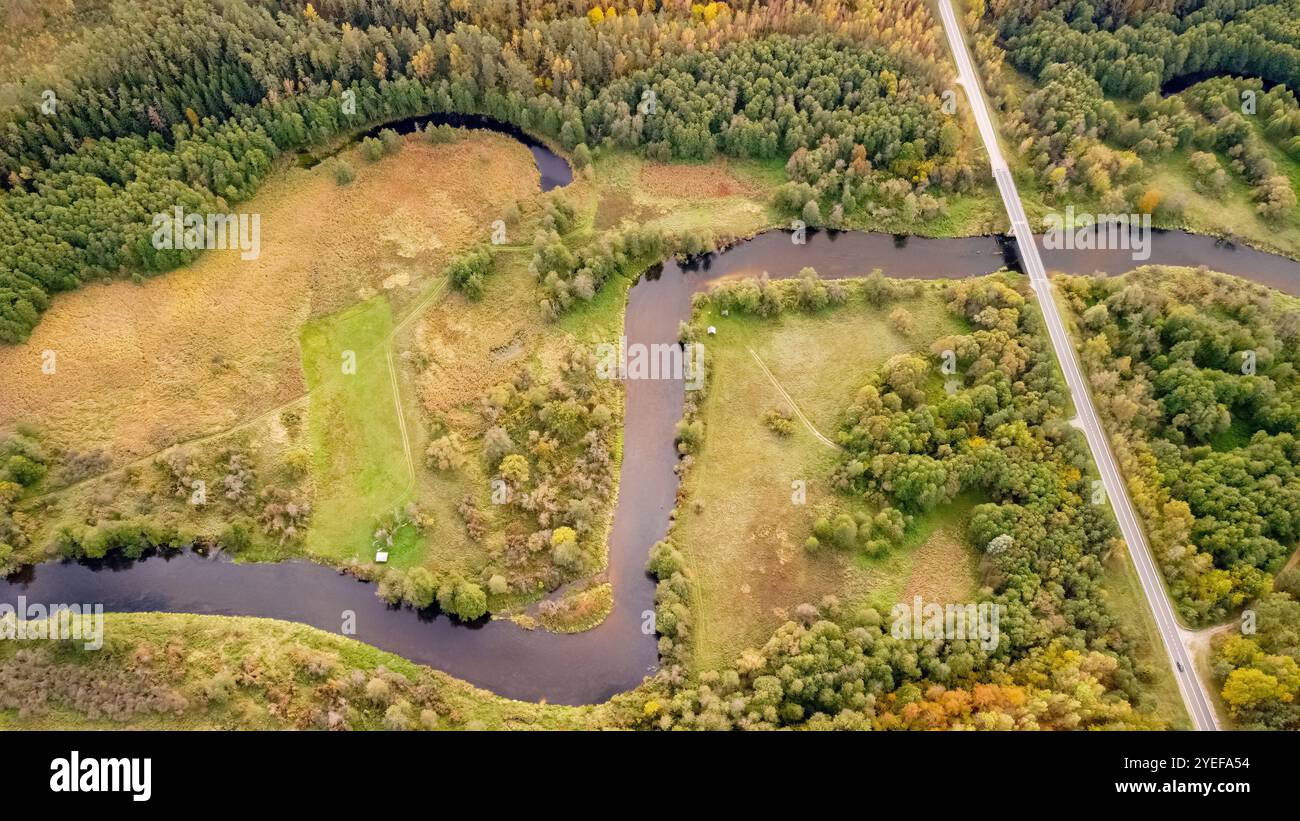 Steep bends and loops of the Merkys river, from above, Merkine area ...