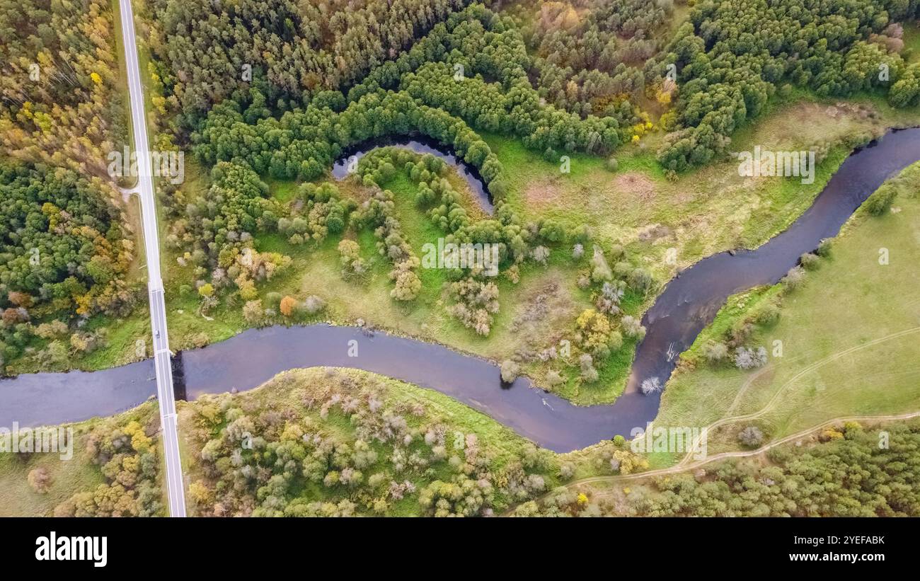 Steep bends and loops of the Merkys river, from above, Merkine area ...