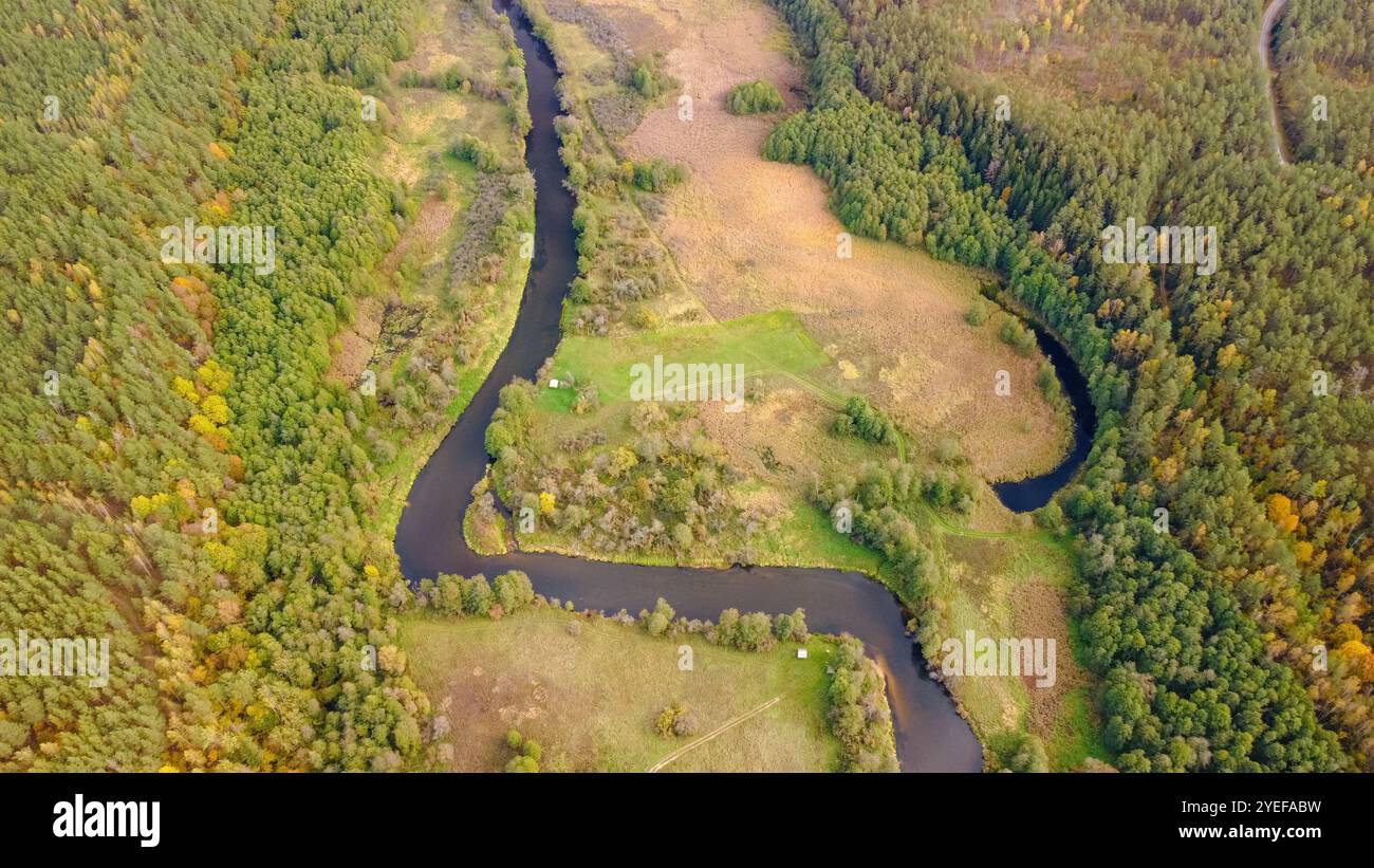 Steep bends and loops of the Merkys river, from above, Merkine area ...