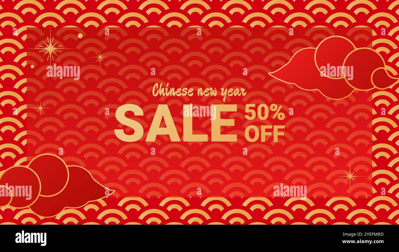 Chinese New Year discount banner red gold. Shaped clouds. Traditional ...