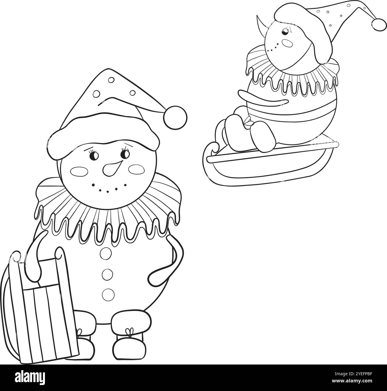Set of vintage snowmen. They are sledding. Black and white vector hand ...