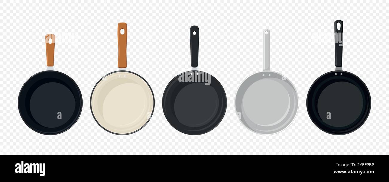 Flat Cartoon Style Frying Pans Vector Set. Top View Frying Pan ...