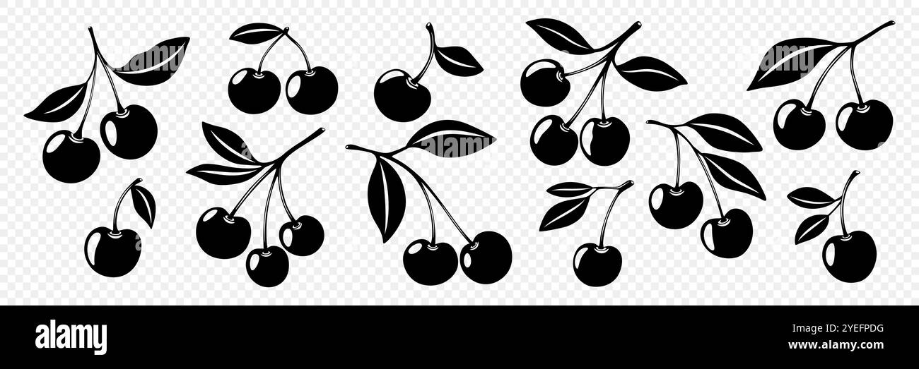 Cute Cartoon Silhouette Monochrome Cutout Cherry Icon Set. Single, Pair ...