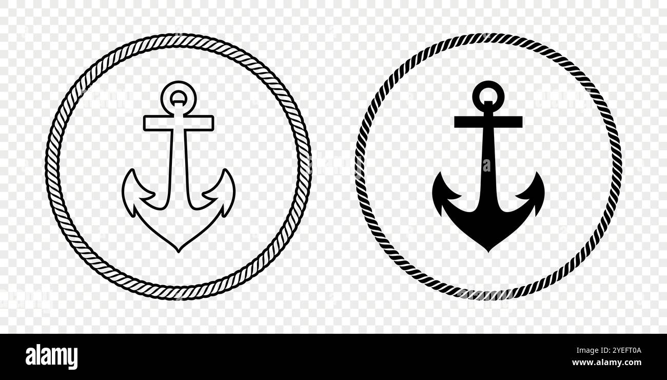 Anchor Icon Set. Flat Monochrome Anchor Shapes in Circular Rope Frame ...