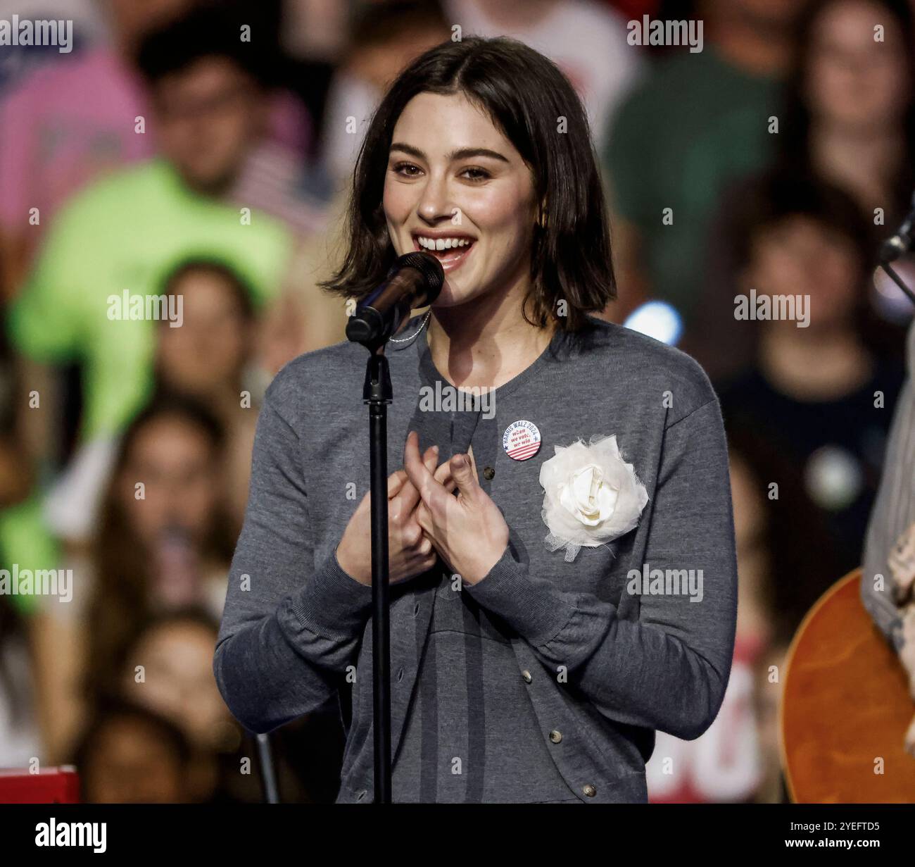 Madison, United States. 30th Oct, 2024. Singer Gracie Abrams speaks ...