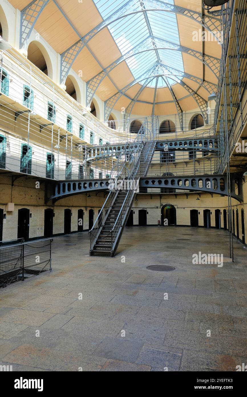 Main hall and metal stairway in Kilmainham Gaol prison, Dublin, Ireland ...