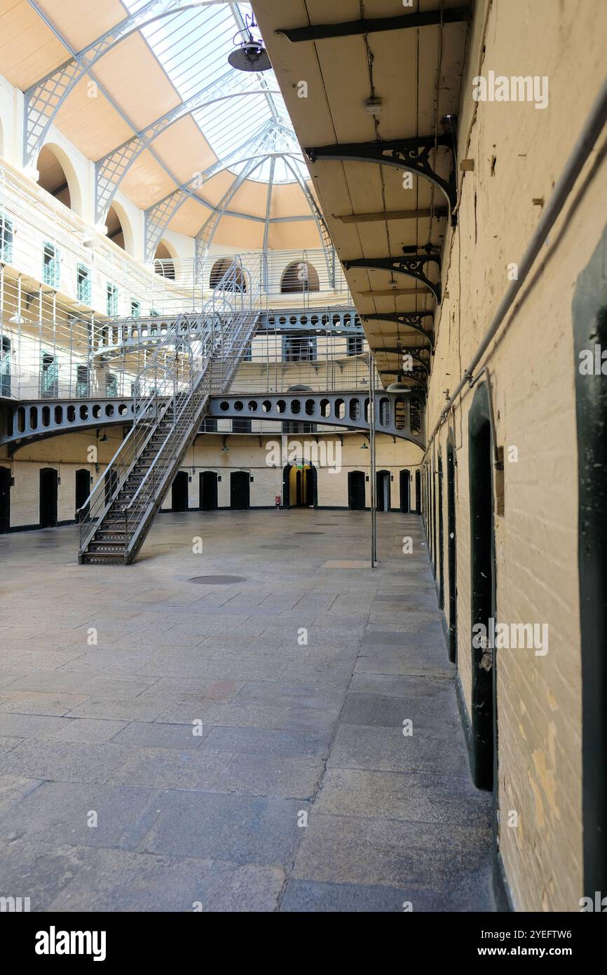Main hall and metal stairway in Kilmainham Gaol prison, Dublin, Ireland ...