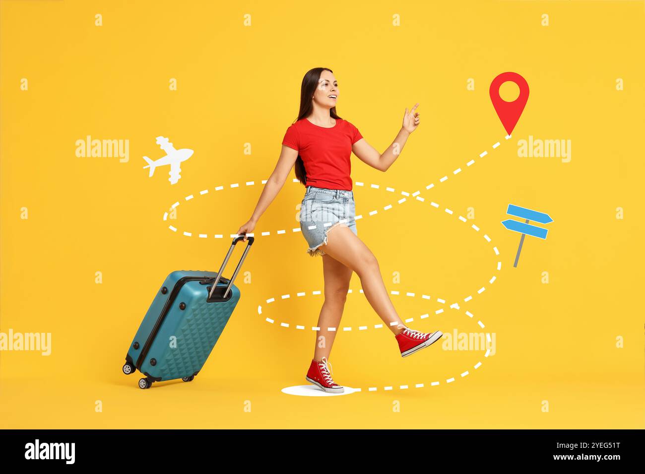 Happy traveler with suitcase walking on orange background. Route of ...