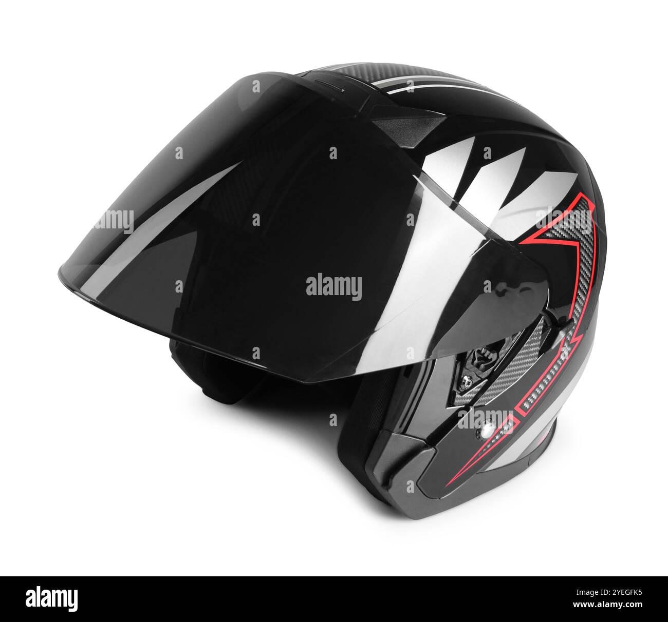 Modern motorcycle helmet with visor on light background, space for text ...