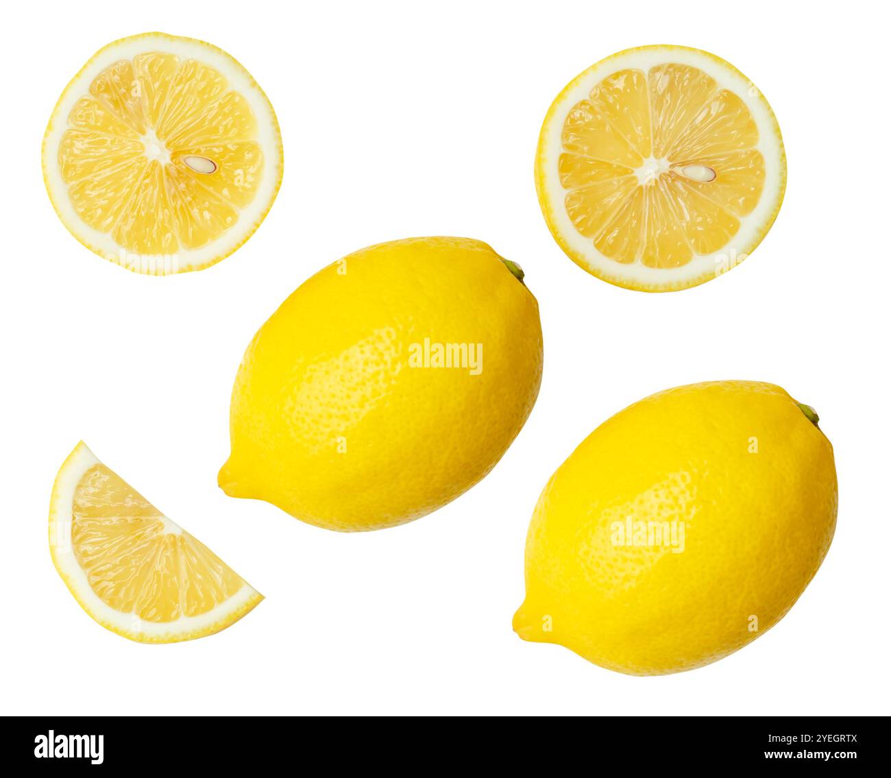 Top view set of fresh ripe yellow lemon fruits with halves and slices ...