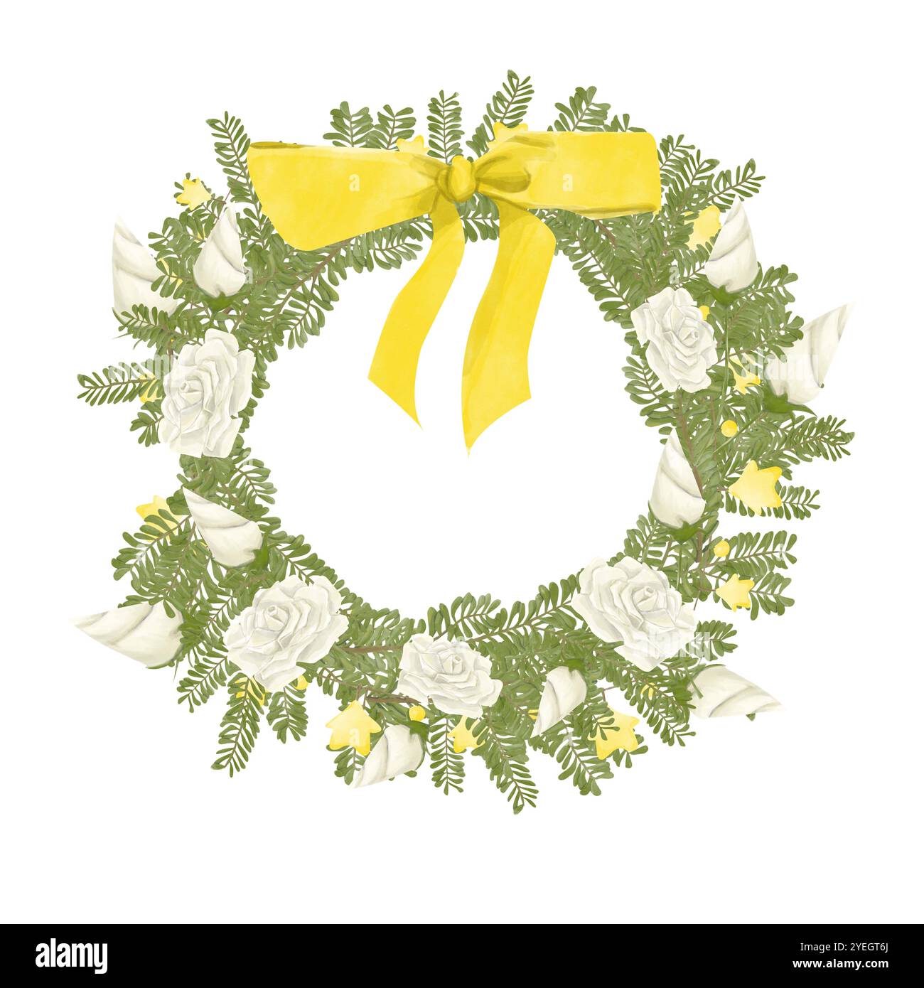 Watercolor Illustration Wreath with Pine Branches, White Roses and Buds ...