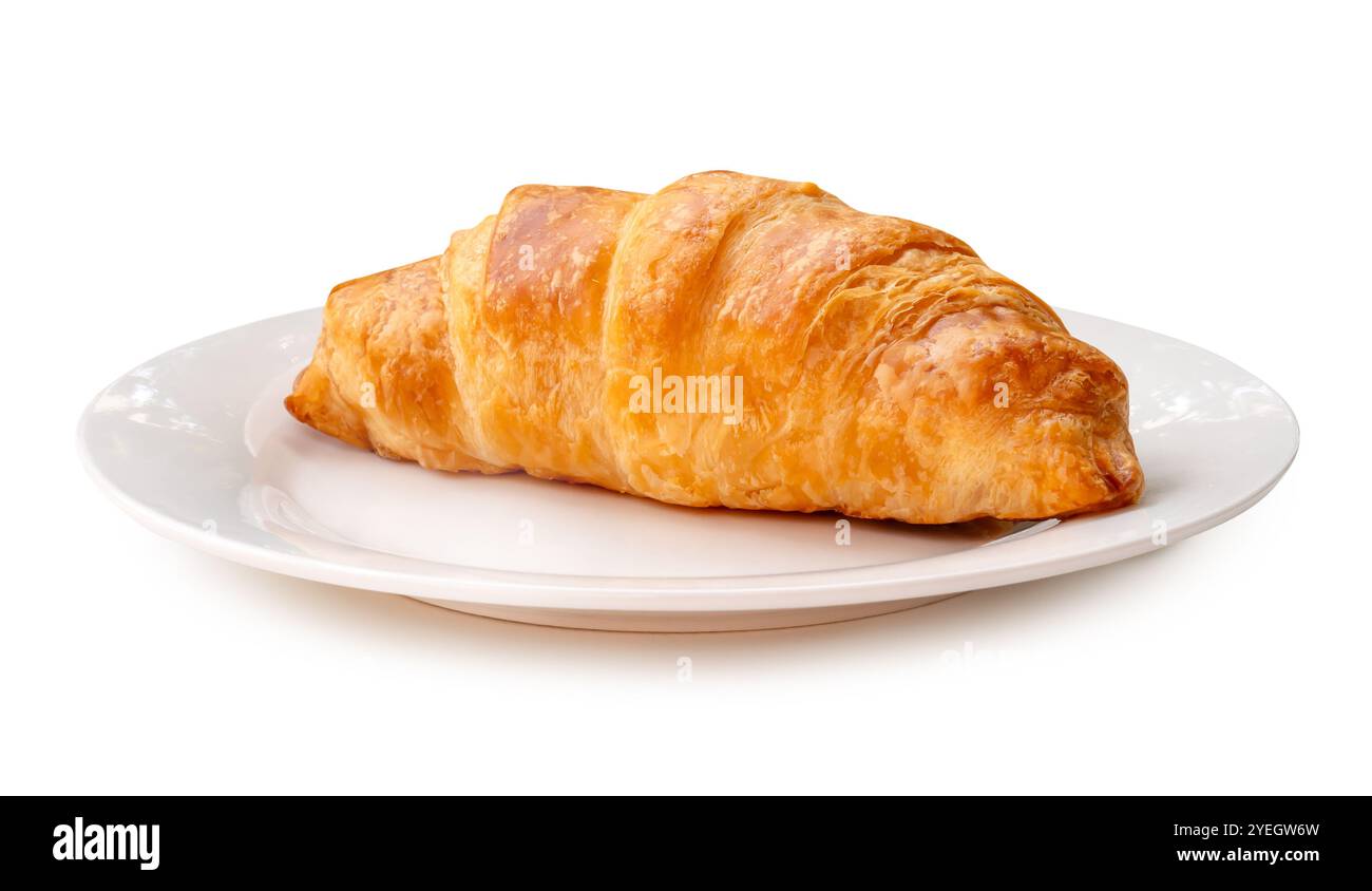 Side view of brown croissant on white plate is isolated on white ...