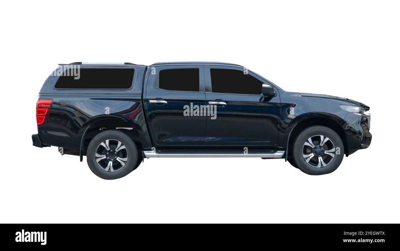 Side view of black pickup truck is isolated on white background with ...