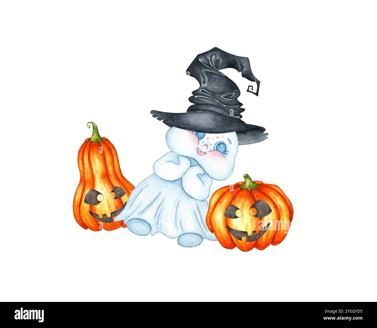 Little cute ghost in witch hat with pumpkins watercolor illustration ...