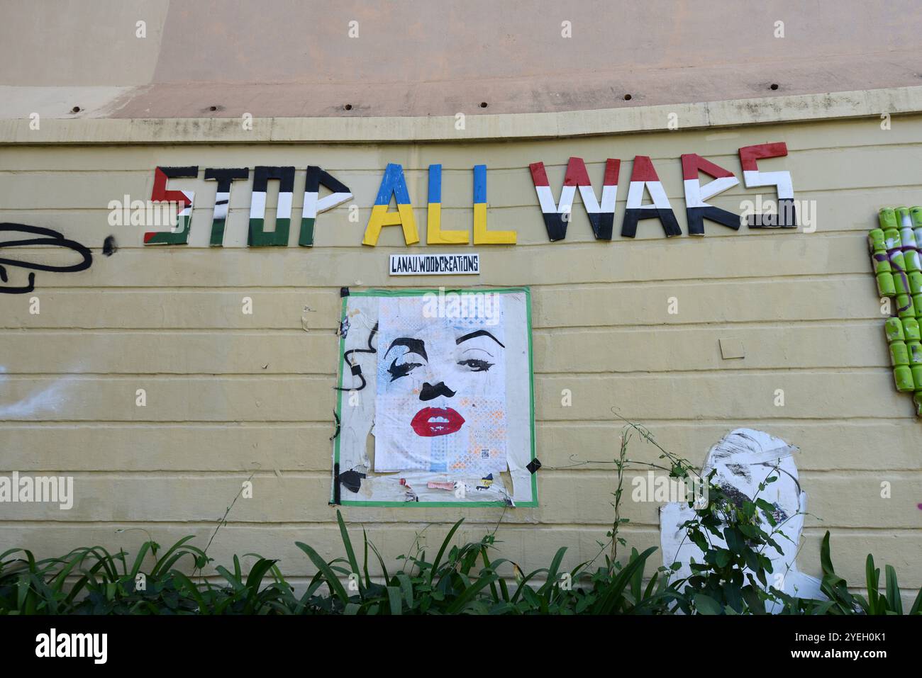 'Stop All Wars' wall decoration at the Plaça de Castella in Barcelona ...