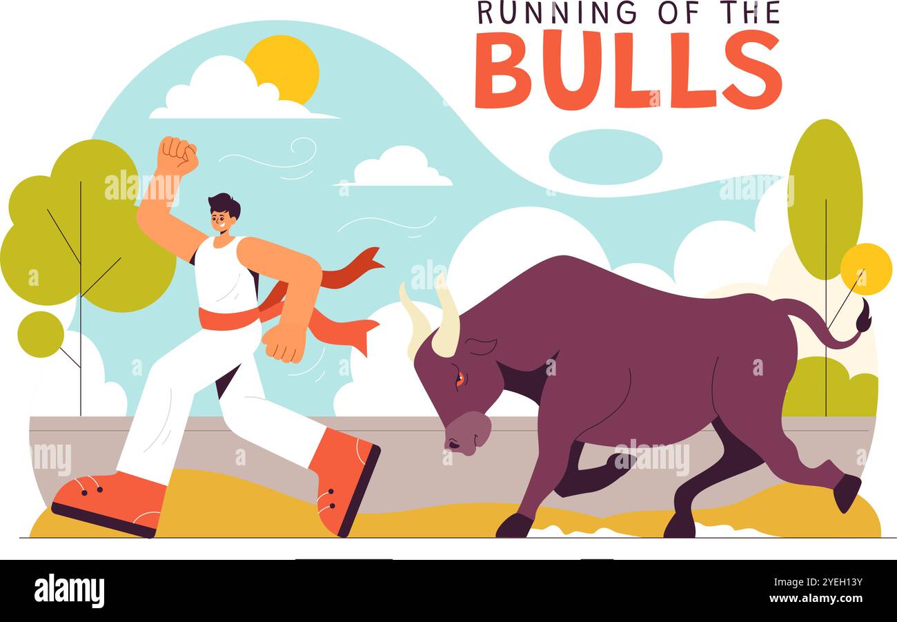 Running of the Bulls Vector Illustration featuring a Bullfighting ...