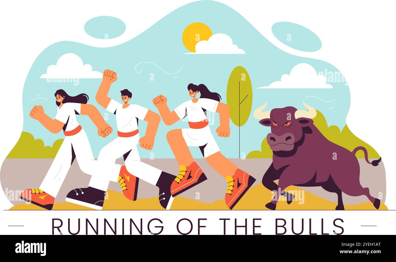 Running of the Bulls Vector Illustration featuring a Bullfighting ...