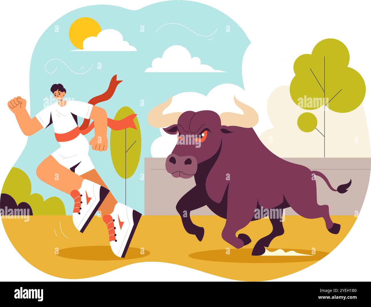 Running of the Bulls Vector Illustration featuring a Bullfighting ...