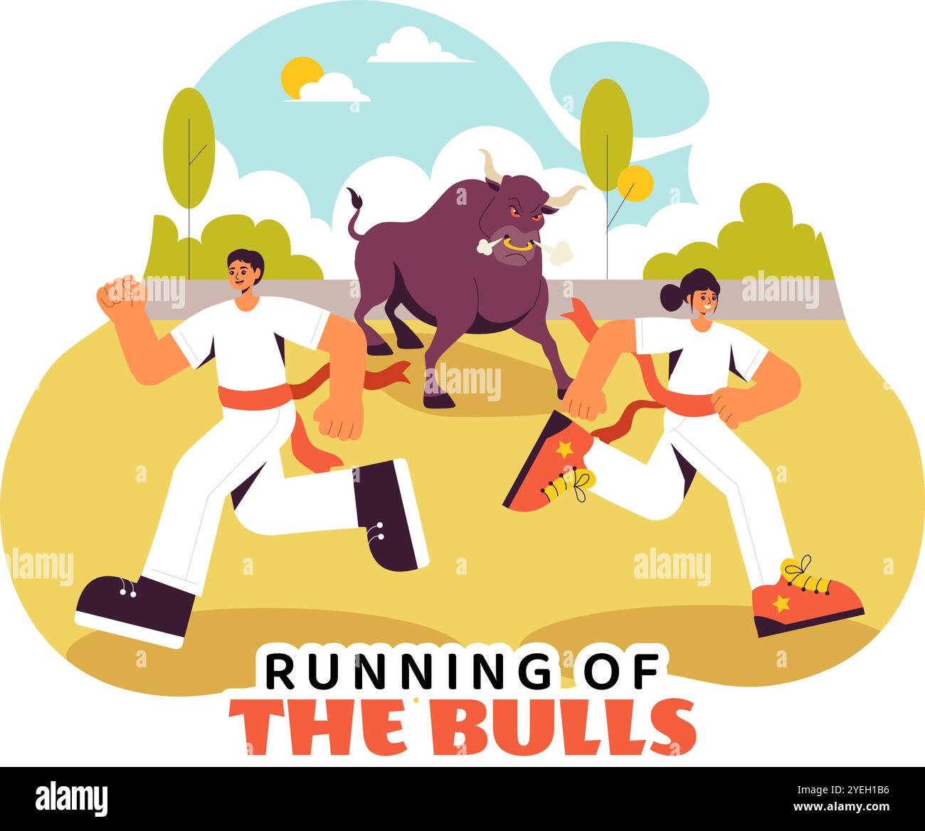 Running of the Bulls Vector Illustration featuring a Bullfighting ...