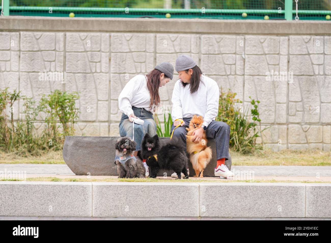 A Korean man and a Japanese woman, both in their 30s, are walking three ...
