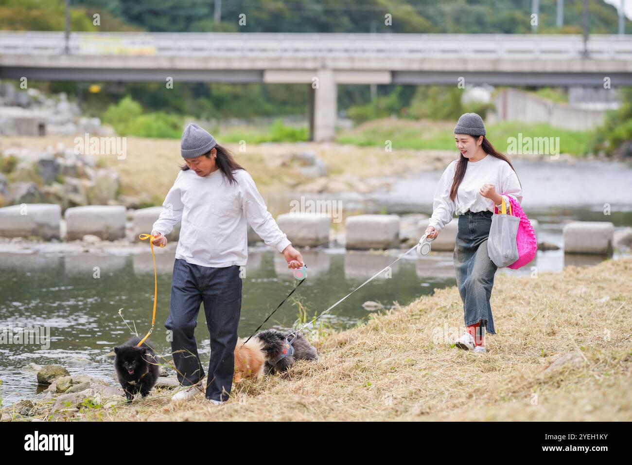 A Korean man and a Japanese woman, both in their 30s, are walking three ...