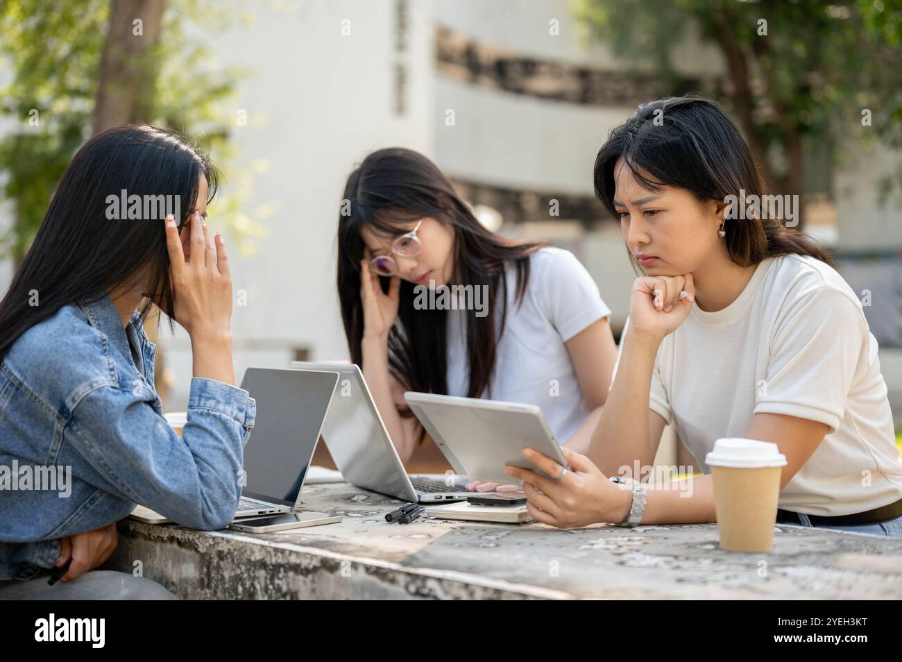 A group of serious, stressed young Asian female college students is ...