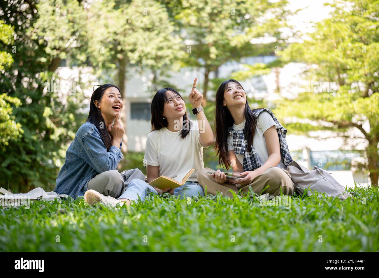 A group of cheerful Asian female college students sits together on the ...