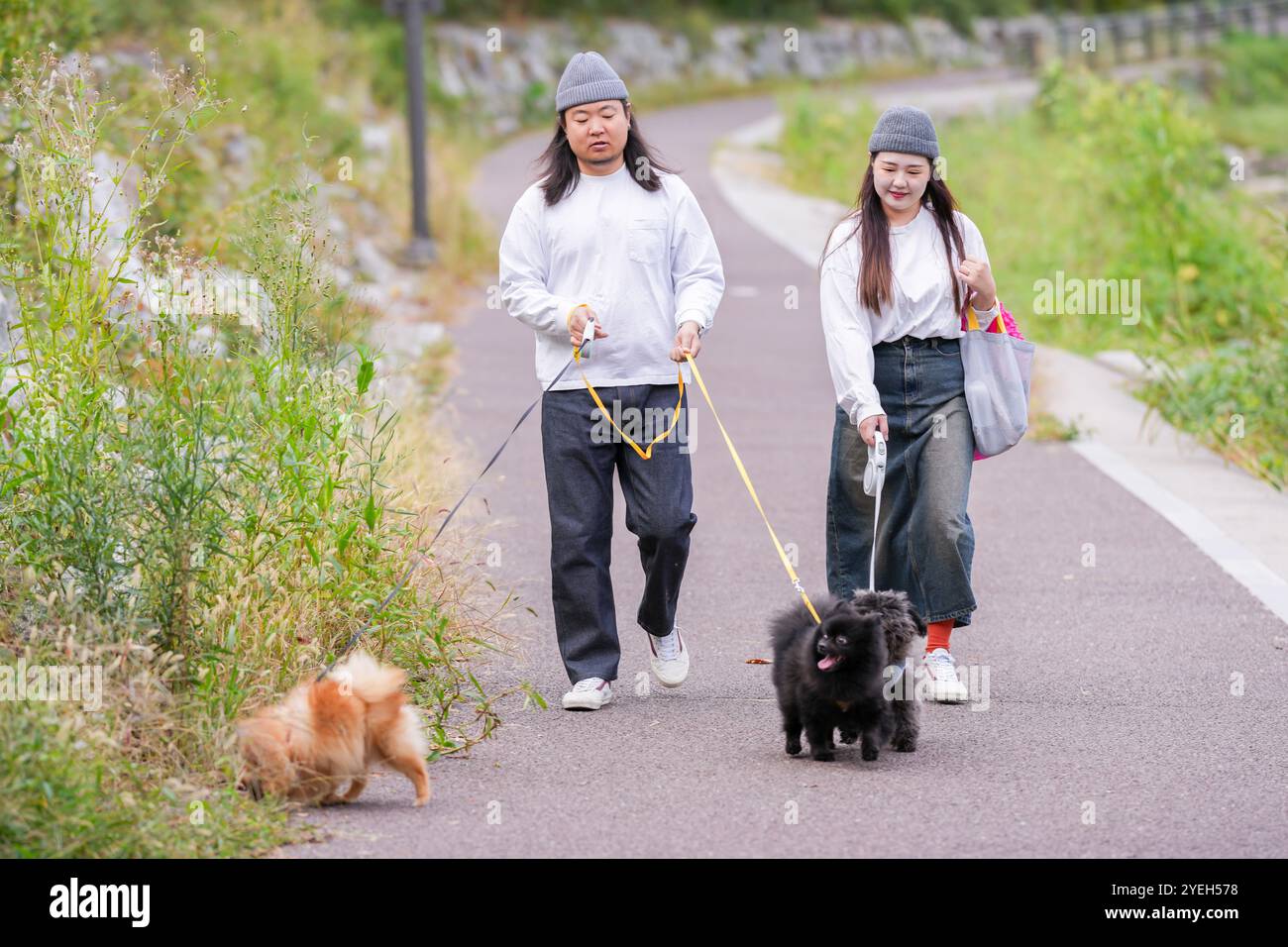 A Korean man and a Japanese woman, both in their 30s, are walking three ...