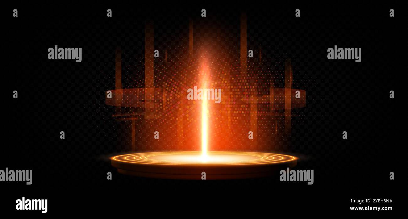 Vibrant red neon glow tech portal. Modern cylinder scifi podium ...