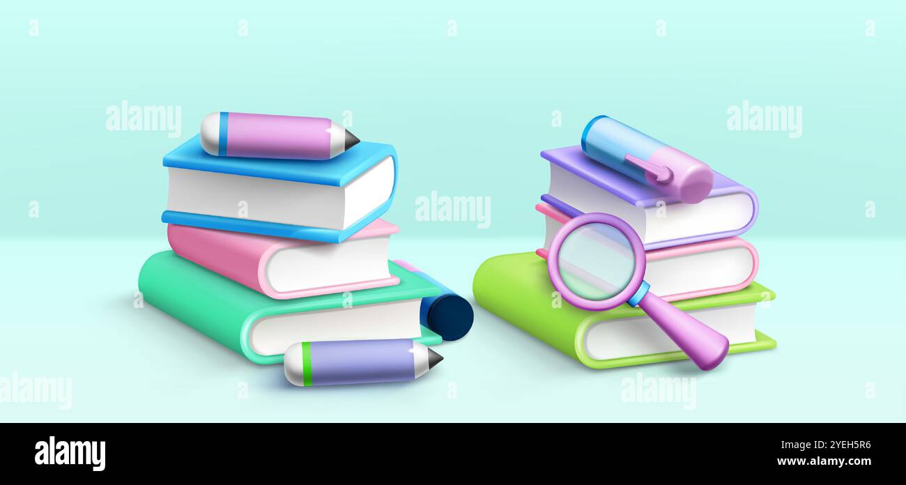 Colorful 3d stacks of textbooks with pastel covers on mint background ...