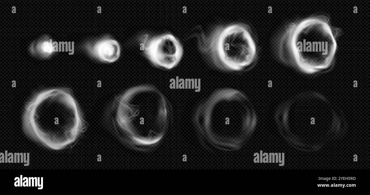Sequence of white smoke rings from small point into expanding circular ...