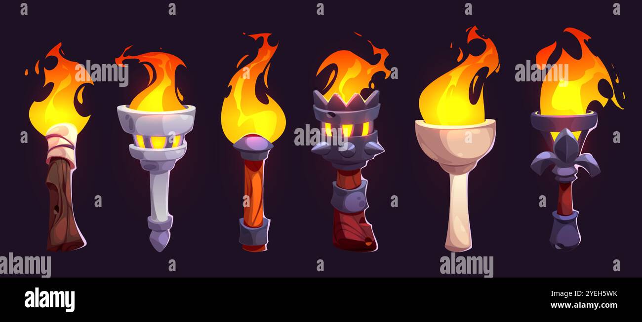 Medieval game torches with bright yellow and orange flames on wooden ...