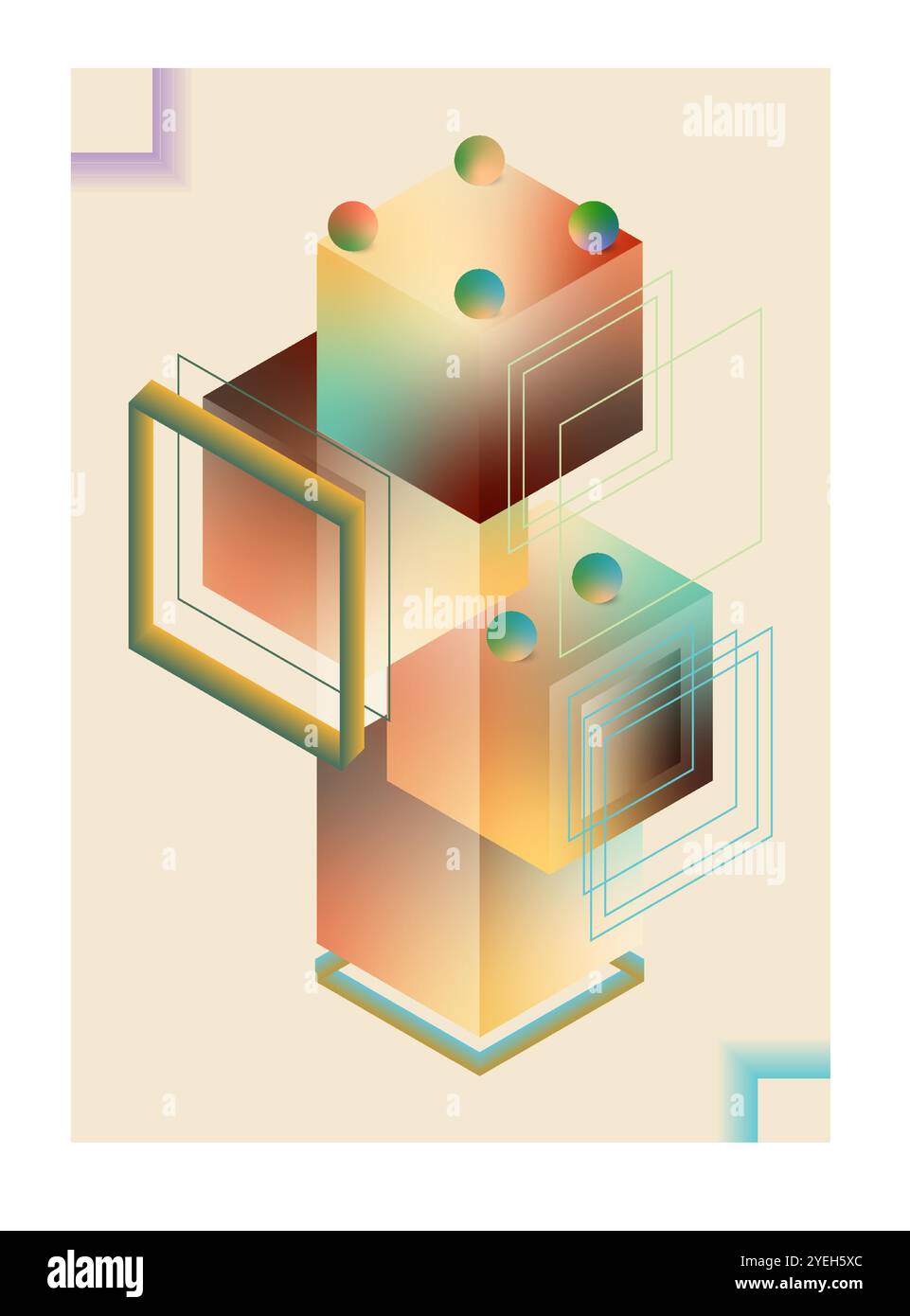 Stacked gradient cubes, spheres, and geometric lines suitable for modern designs, abstract ...