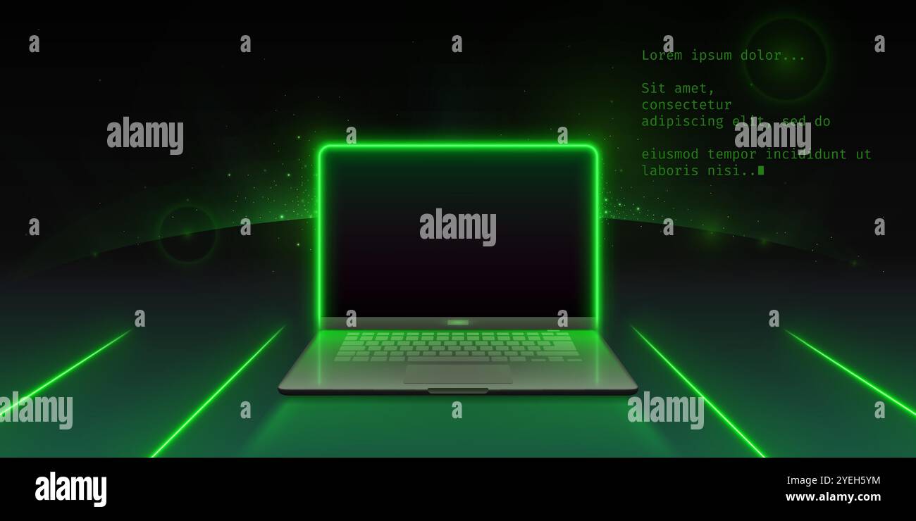 3d green neon laptop screen dark digital mockup. Blank office pc ...