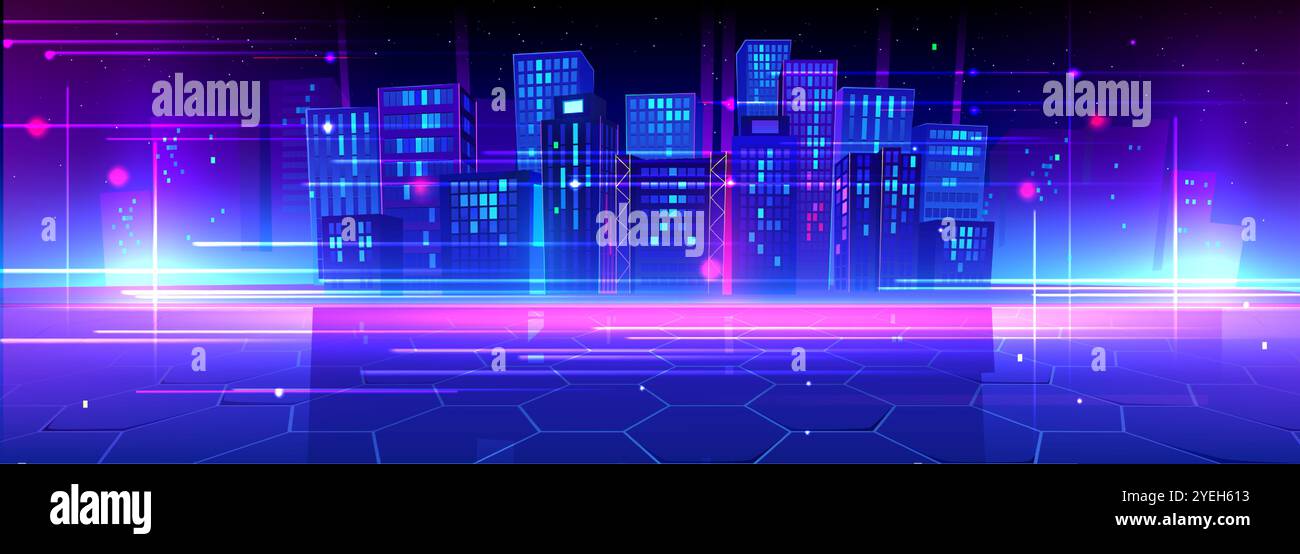 Neon metaverse city. Tech building background. Futuristic cyber virtual ...