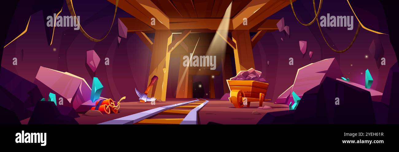 Cartoon mine interior with wooden supports frame tunnel entrance, rails ...